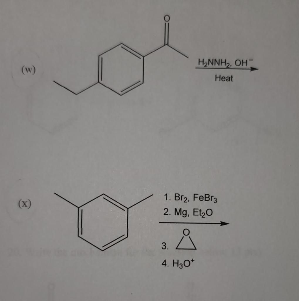 Solved H2NNH2, OH (w) Heat (x) 1. Br2, FeBr3 2. Mg, Et O 3. | Chegg.com