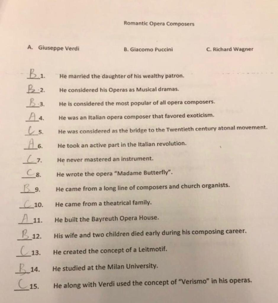 Solved Romantic Opera Composers A. Giuseppe Verdi B. Giacomo | Chegg.com