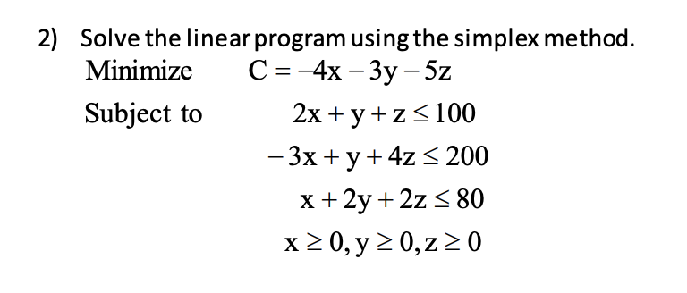 Solved 2) Solve the linear program using the simplex method. | Chegg.com