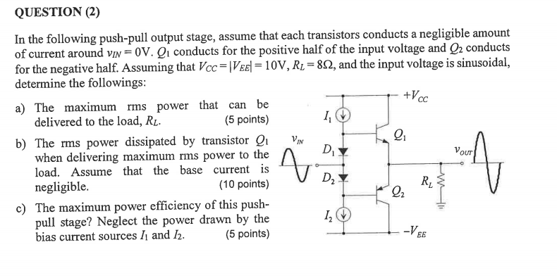 Solved QUESTION (2) In the following push-pull output stage, | Chegg.com