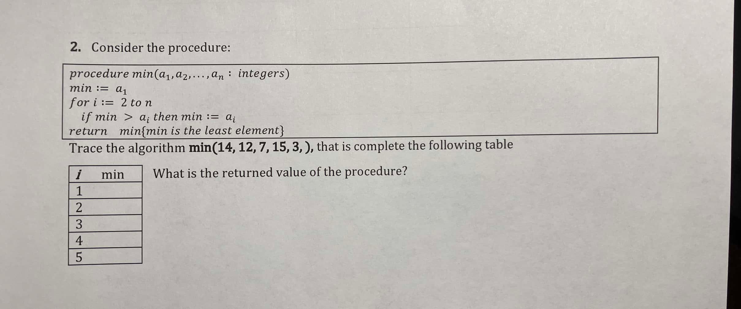 Solved 2. Consider the procedure: procedure min(a1,a2,…,an: | Chegg.com