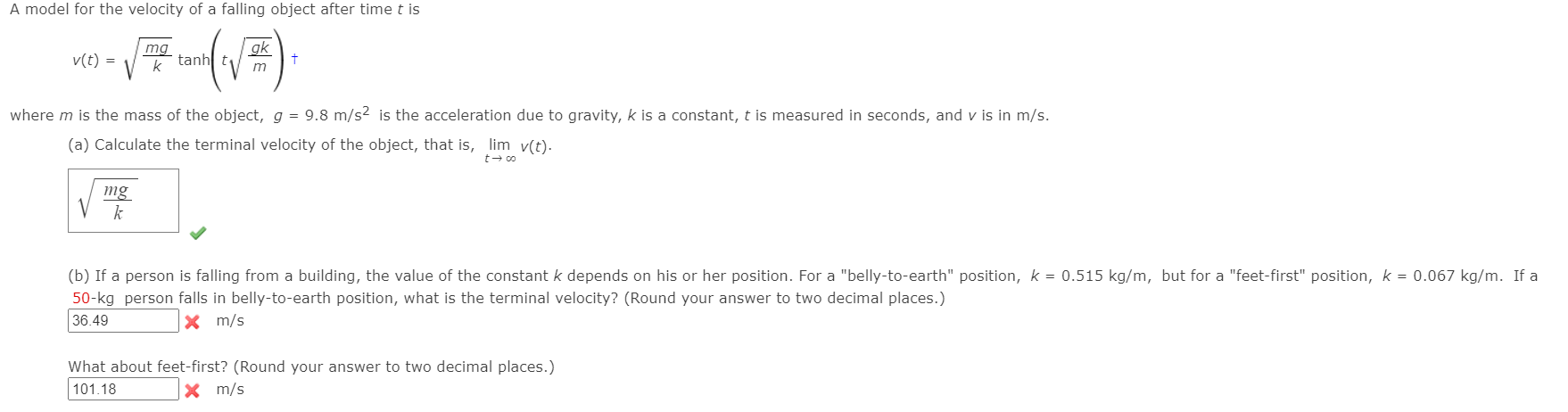 Solved A model for the velocity of a falling object after | Chegg.com