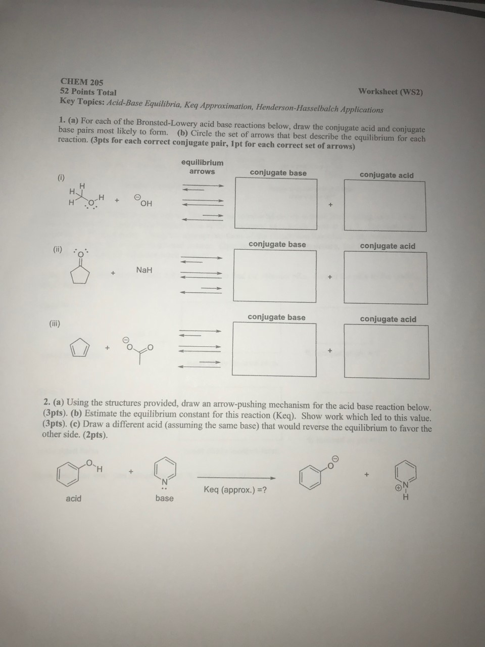 Solved CHEM 205 Worksheet (WS2) 52 Points Total Key Topics: | Chegg.com