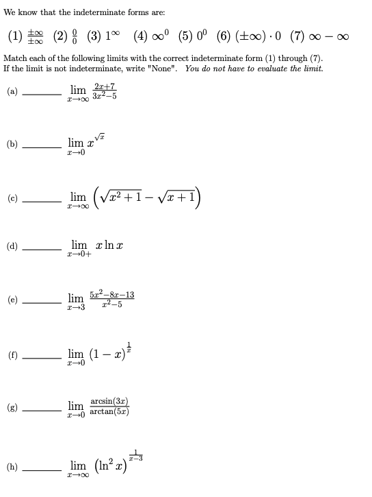 Solved We know that the indeterminate forms are: (1) ±∞±∞ | Chegg.com
