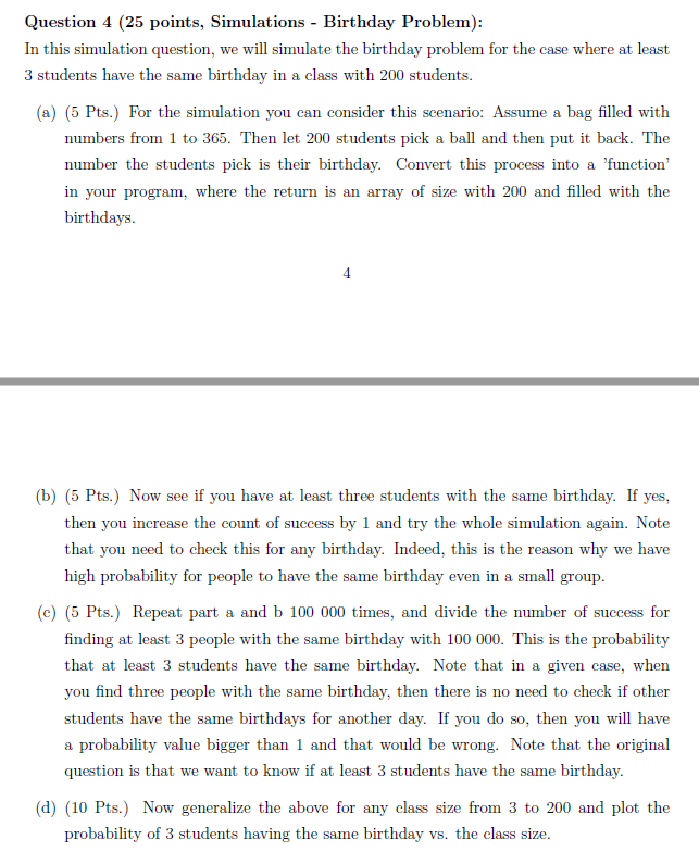 Question 4 (25 points, Simulations - Birthday | Chegg.com