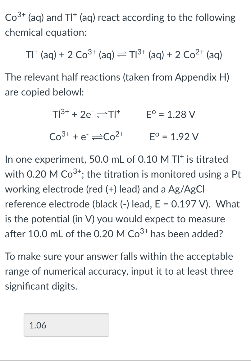 Solved Co3+(aq) and TI+(aq) react according to the following | Chegg.com