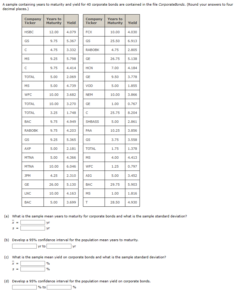 Solved A sample containing years to maturity and yield for | Chegg.com