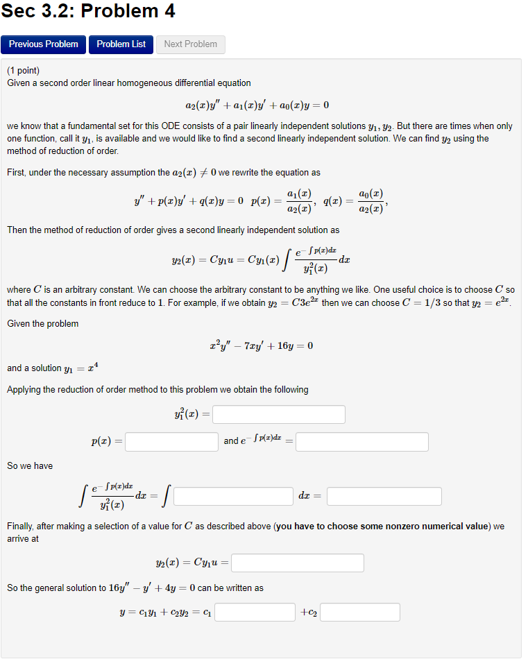 Solved 1 Point Given A Second Order Linear Homogeneous