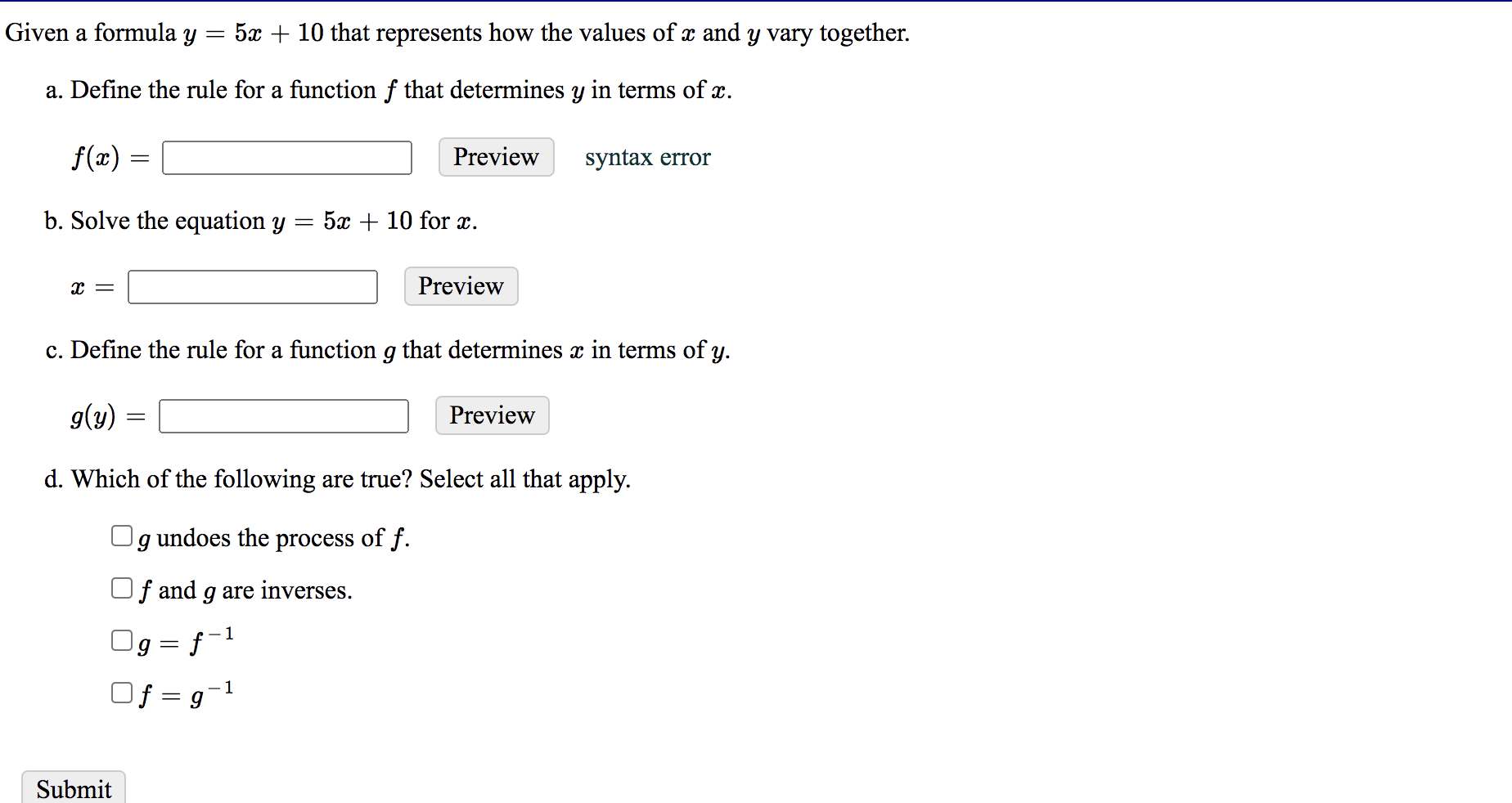Solved Given a formula y = 5x + 10 that represents how the | Chegg.com