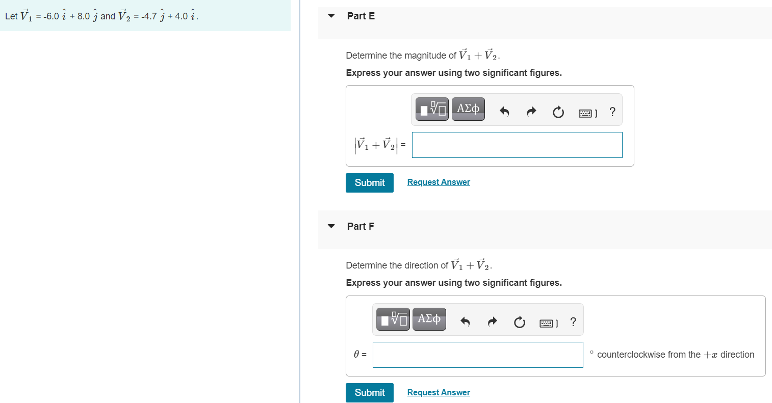 Solved Let V1 = -6.0 i +8.0 j and V2 = -4.7 ſ + 4.0 î. Part | Chegg.com