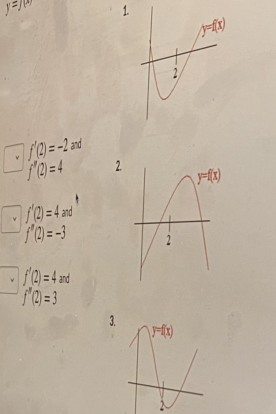 Solved Match the given values for f'(2) and f''(2) to | Chegg.com