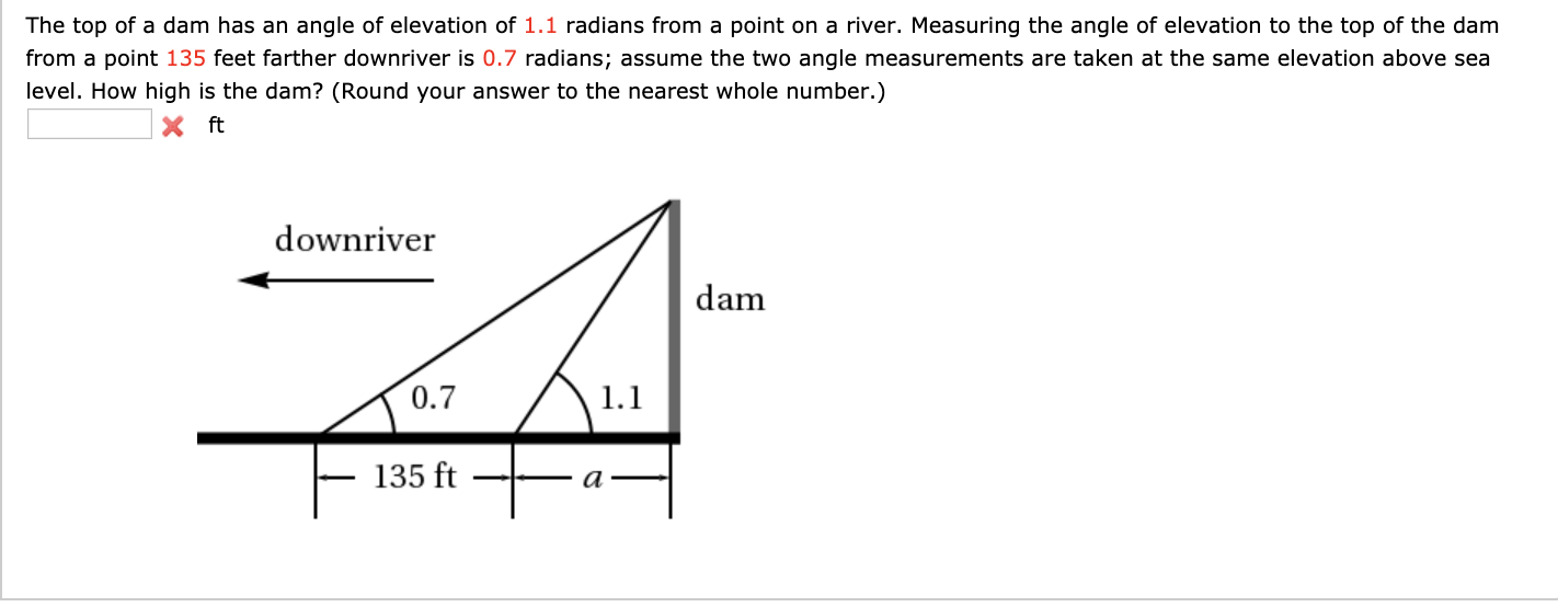 Solved The top of a dam has an angle of elevation of 1.1 | Chegg.com