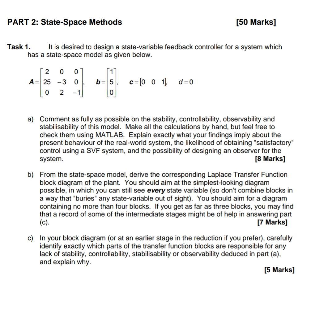 Solved Part 2 State Space Methods [50 Marks] Task 1 It Is