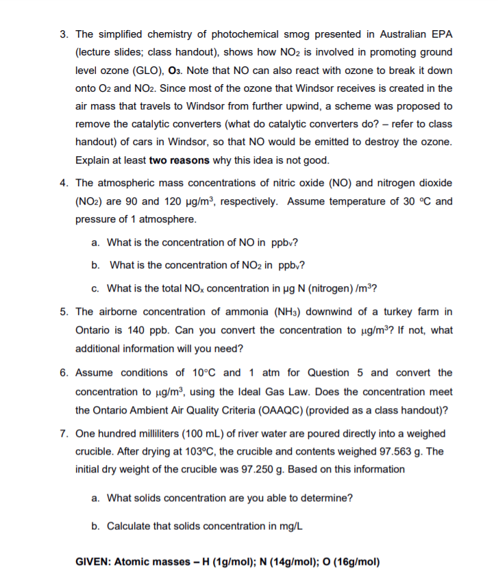 Solved 3. The simplified chemistry of photochemical smog | Chegg.com
