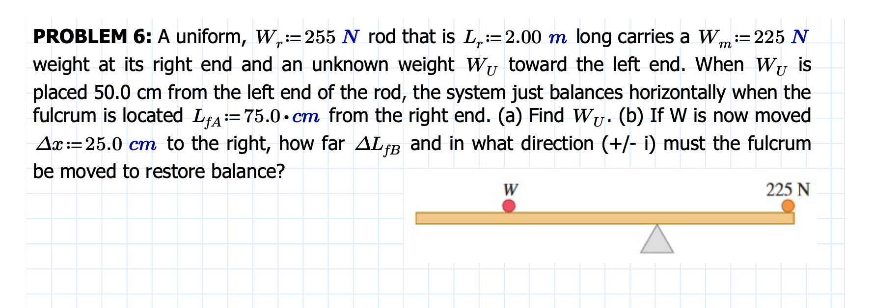 Solved PROBLEM 6: A uniform, Wr:=255N ﻿rod that is Lr:=2.00m | Chegg.com