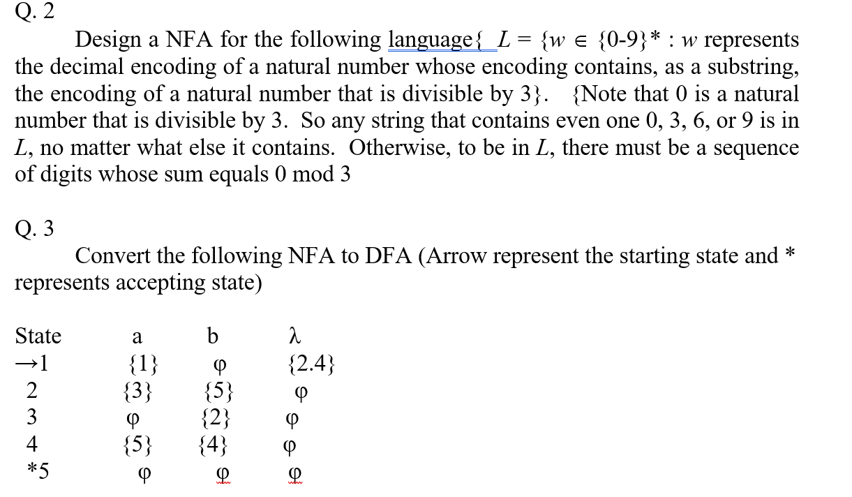 Solved Q. 2 Design a NFA for the following language{ L = {w | Chegg.com