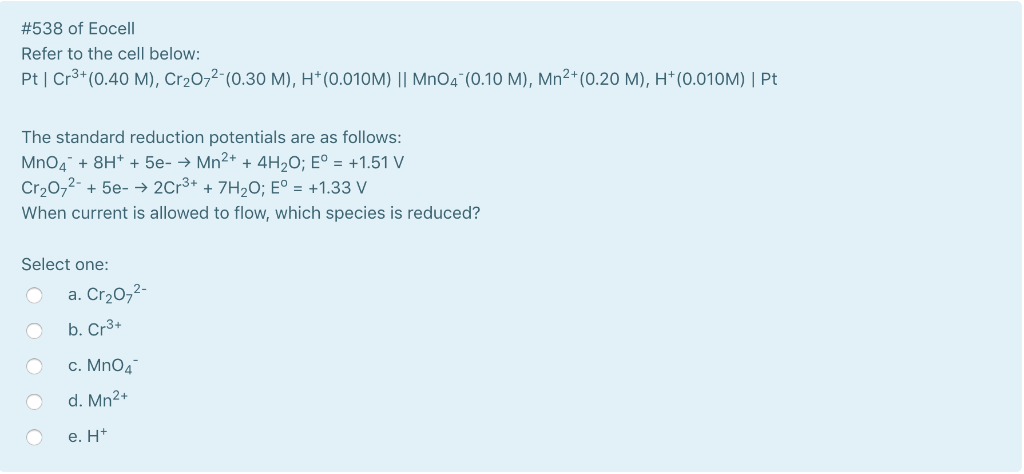 Solved #538 of Eocell Refer to the cell below: Pt | Cr3 | Chegg.com