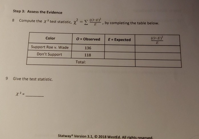 Solved Step 3: Assess the Evidence 8 Compute the x2 test | Chegg.com