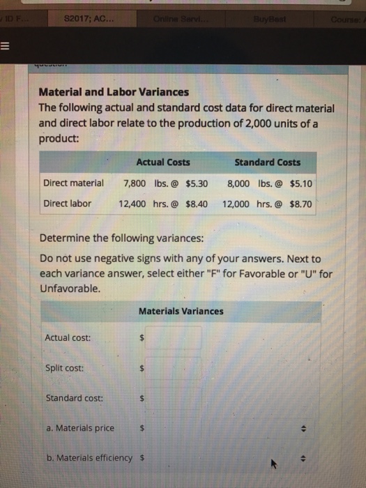 Solved S2017; AC.. Material and Labor Variances The | Chegg.com