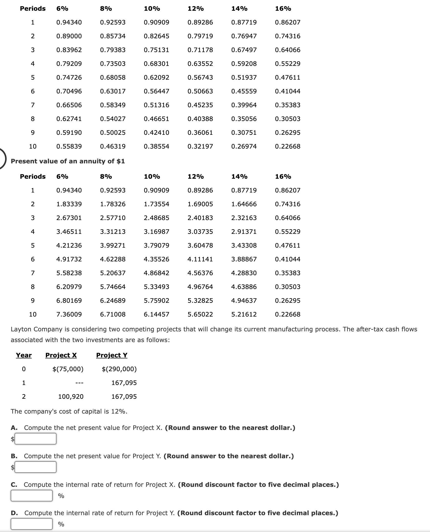 Solved Present value of $1 Periods 6% 8% 10% 12% 14% 16% 1 | Chegg.com