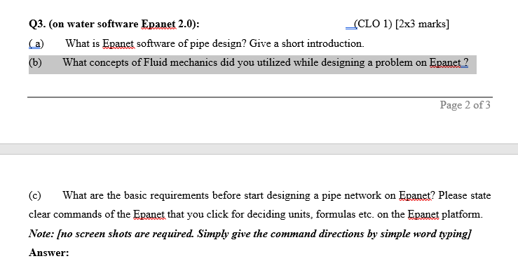 Solved Q3. (on water software Epanet 2.0): _(CLO 1) [2x3 | Chegg.com