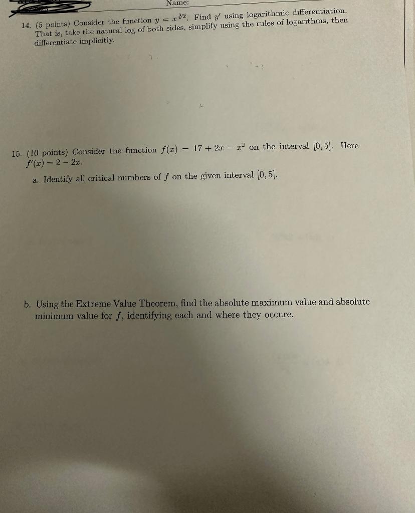 Solved 14. (5 points) Consider the function y=x3x. Find y′ | Chegg.com