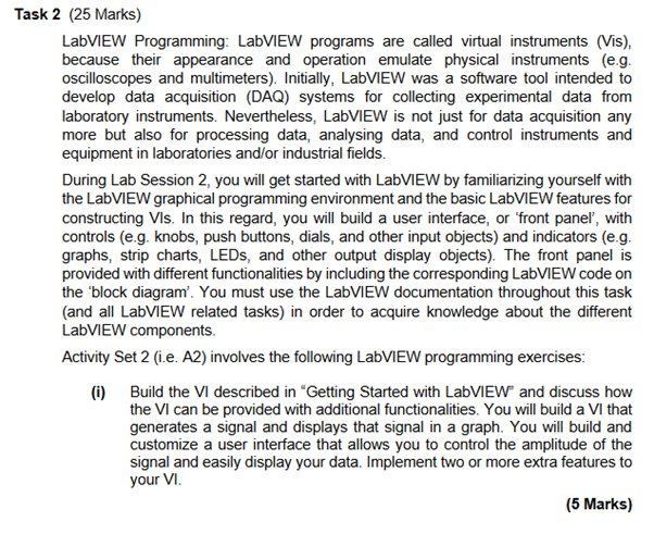Task 2 (25 Marks) LabVIEW Programming: LabVIEW | Chegg.com