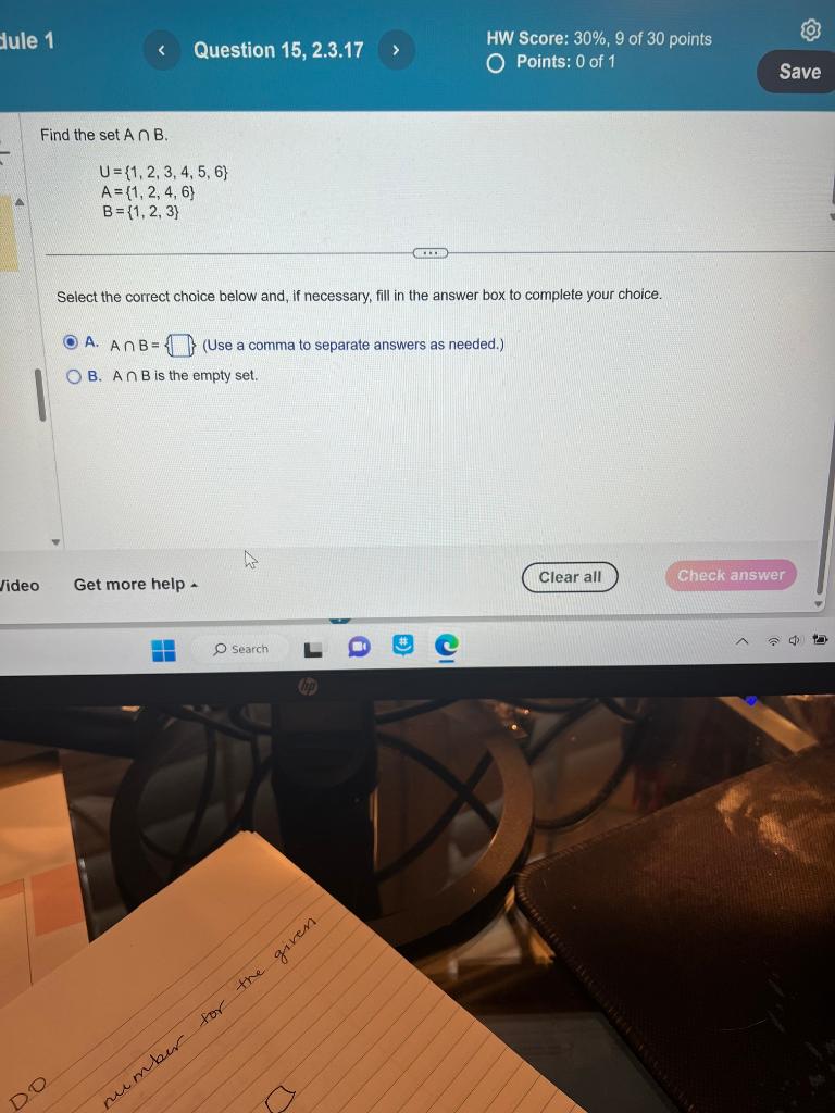 Solved Find the setA∩B. U={1,2,3,4,5,6}A={1,2,4,6}B={1,2,3} | Chegg.com