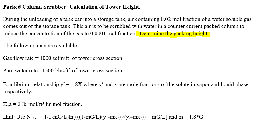Packed Column Scrubber Calculation of Tower Height. | Chegg.com
