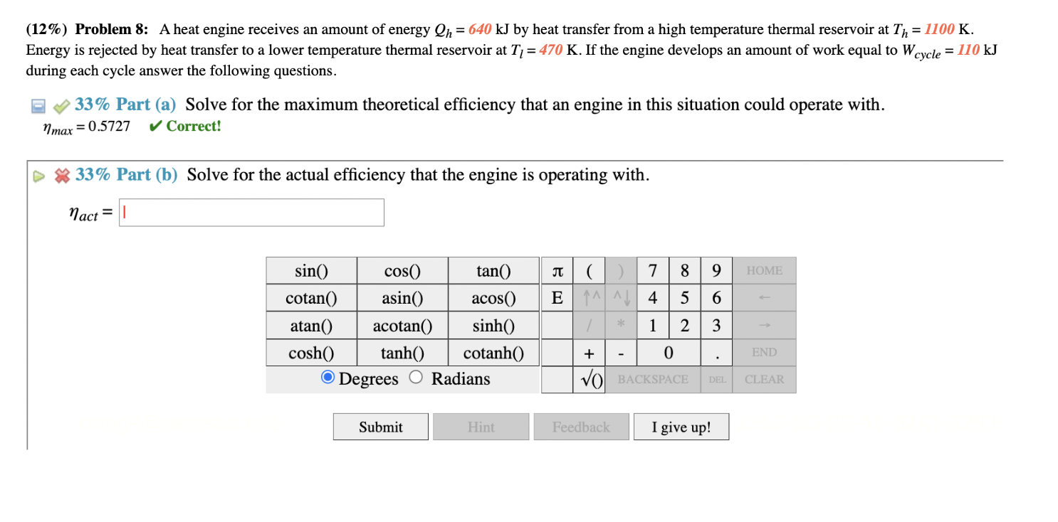 Solved (12\%) Problem 8: A heat engine receives an amount of | Chegg.com