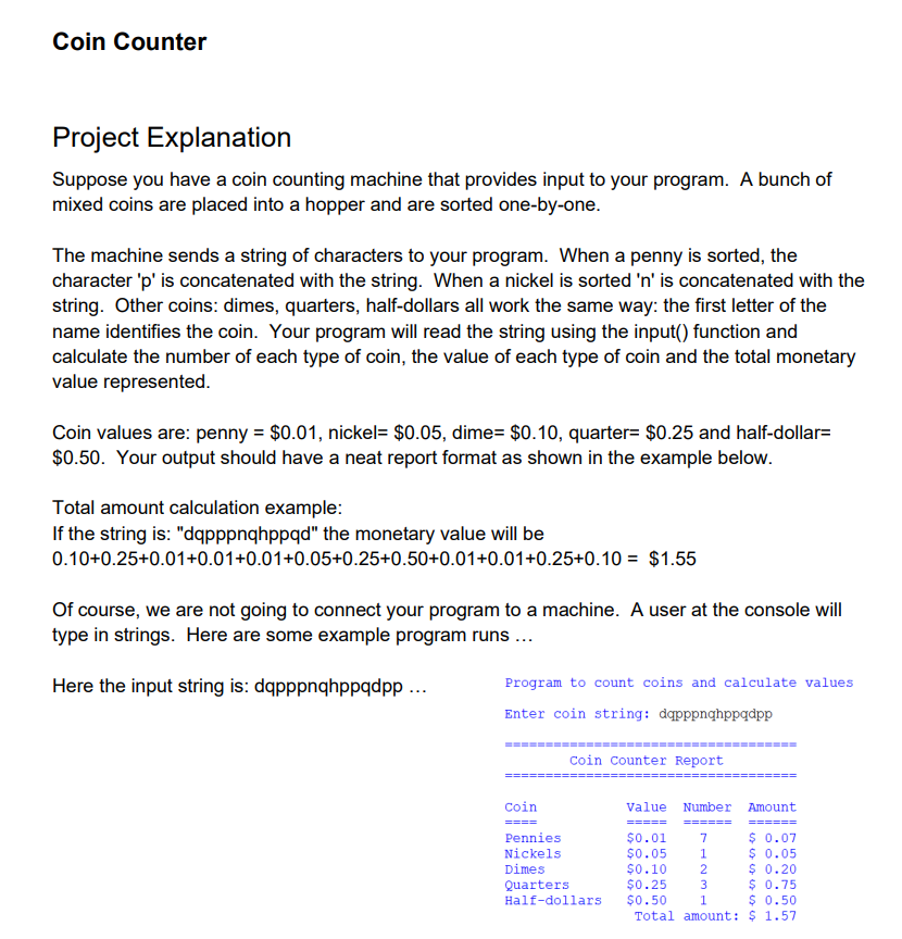 Solved Project Explanation Suppose you have a coin counting | Chegg.com