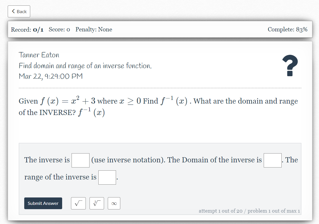 Solved Tanner Eaton Find domain and range of an inverse | Chegg.com