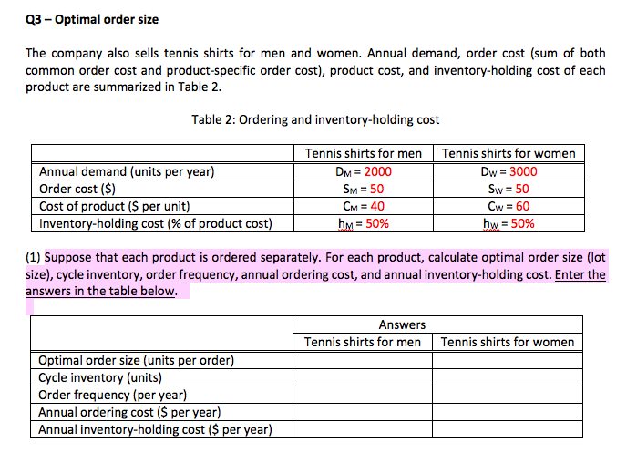 Solved Q3- Optimal order size The company also sells tennis | Chegg.com