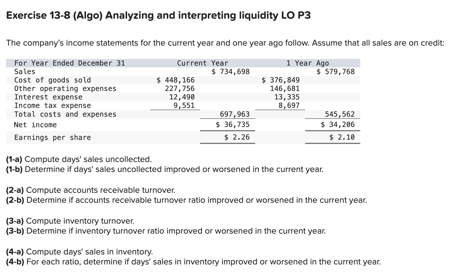 Exercise 13-8 (Algo) Analyzing and interpreting | Chegg.com