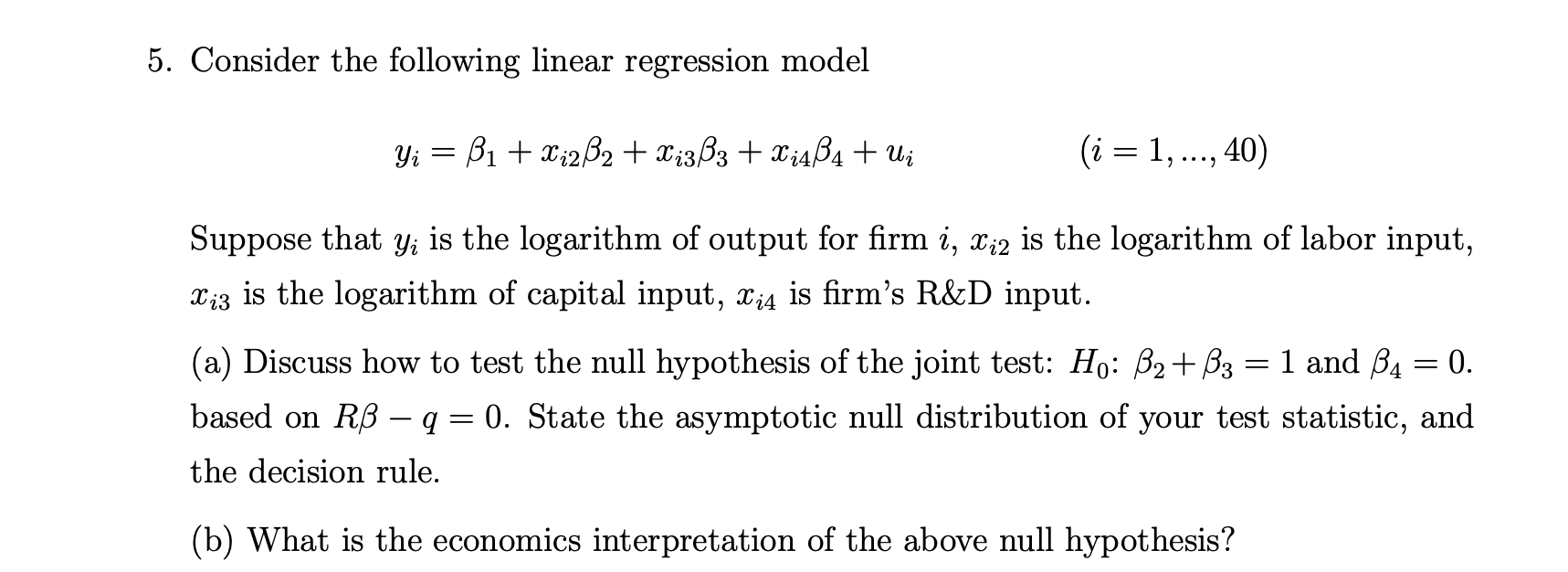 5. Consider the following linear regression model Yi | Chegg.com