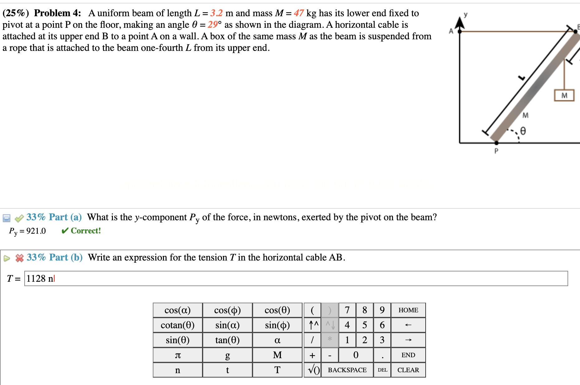 Solved A uniform beam of length L = 3.2 m and mass M = 47 kg | Chegg.com