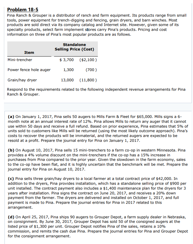 Solved Problem 18-5 Pina Ranch \& Grouper is a distributor | Chegg.com