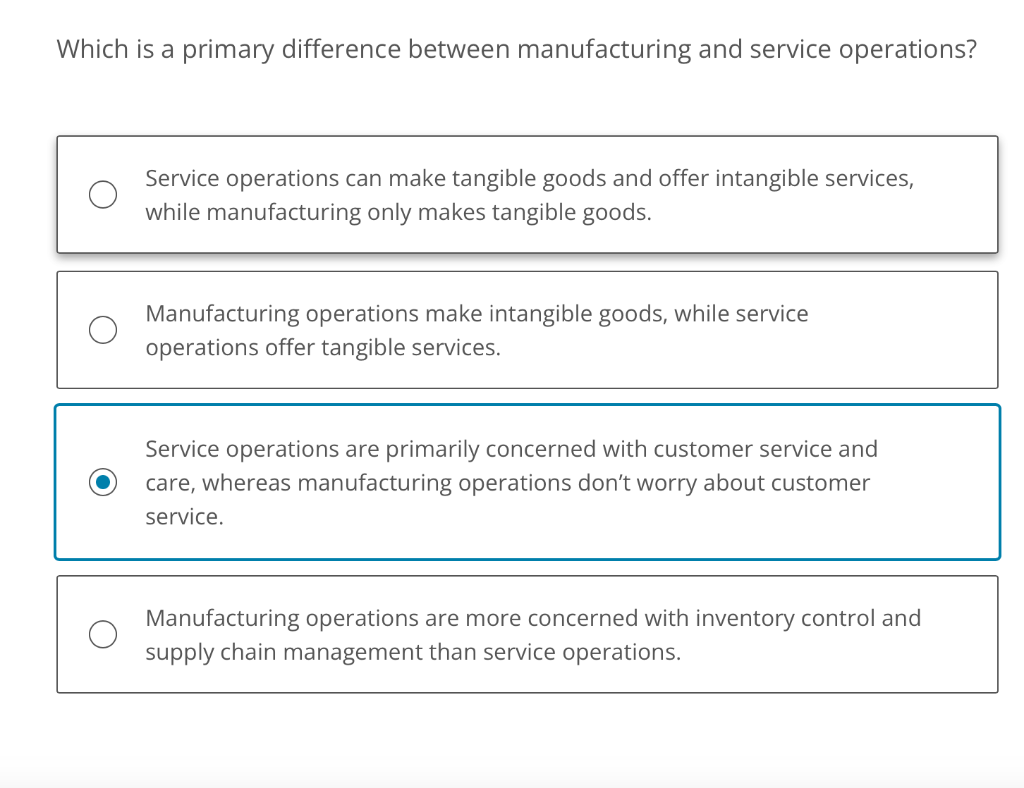 Solved Which is a primary difference between manufacturing | Chegg.com