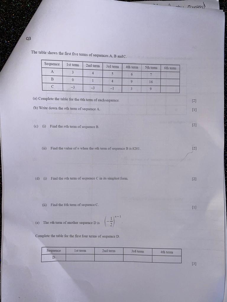 Solved he Tanoed Q3 The table shows the first five terms of | Chegg.com