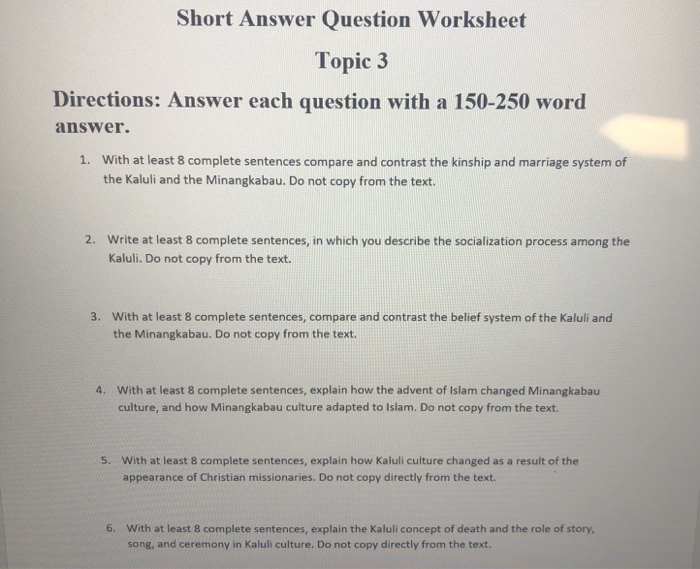 Short Answer Question Worksheet Topic 3 Directions: | Chegg.com