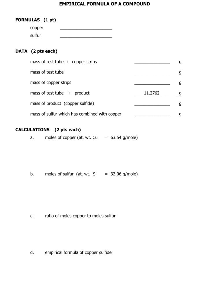 EMPIRICAL FORMULA OF A COMPOUND FORMULAS (1 pt) | Chegg.com