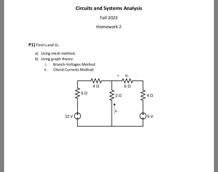 Solved Circuits and Systems AnalysisFall 2023Homework 2P1) | Chegg.com