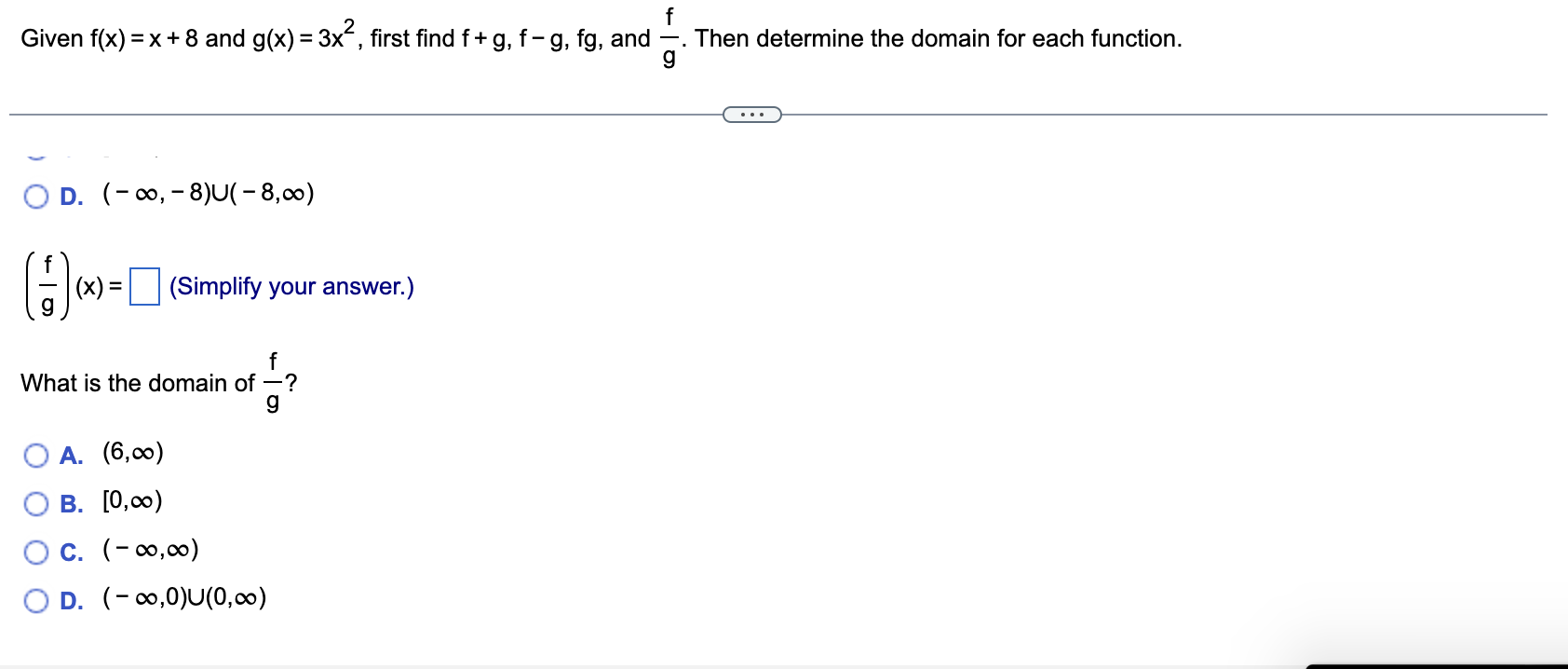 Solved Given f(x)=x+8 and g(x)=3x2, first find f+g,f−g, fg, | Chegg.com