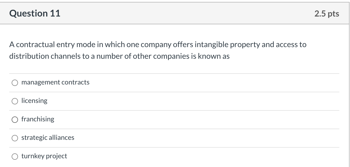 Solved Question 11 2.5 pts A contractual entry mode in which | Chegg.com