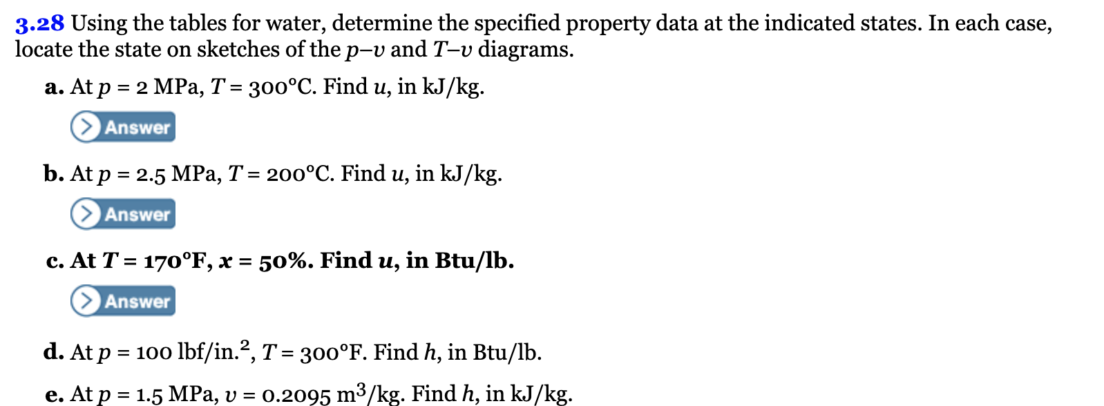 Solved 3.28 Using the tables for water, determine the | Chegg.com