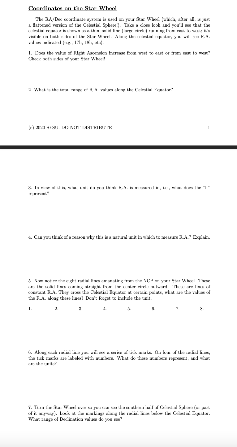 Solved Coordinates on the Star Wheel The RA/Dec coordinate | Chegg.com