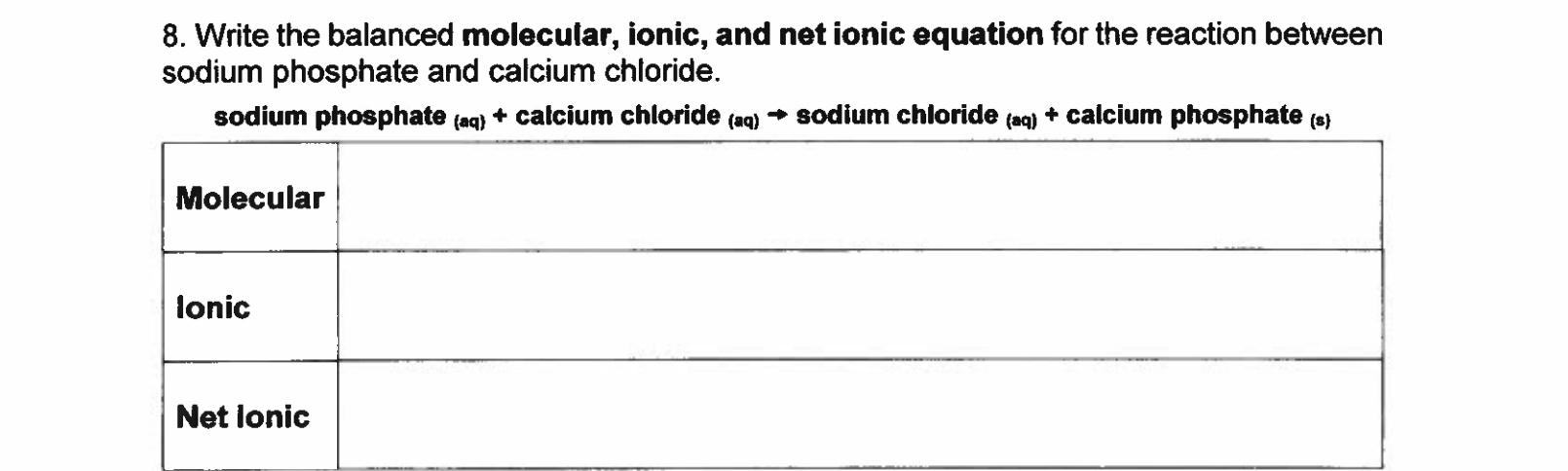Solved 8. Write the balanced molecular, ionic, and net ionic | Chegg.com
