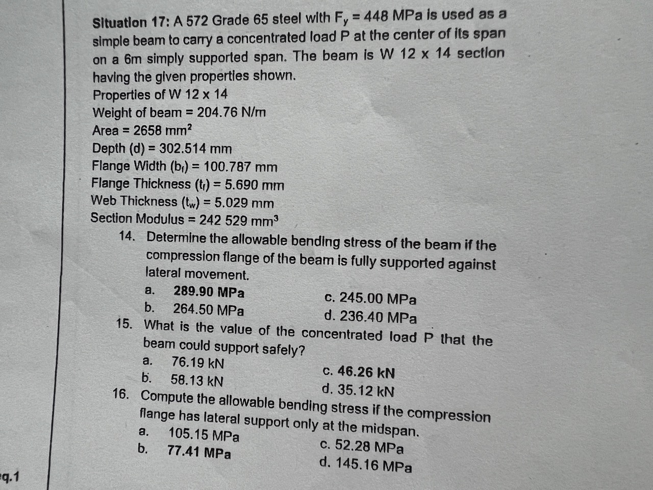 Solved Situation 17: A 572 Grade 65 steel with Fy=448MPa is | Chegg.com