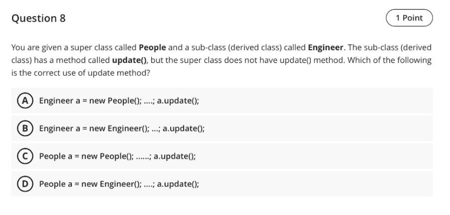Solved Question 8 1 Point You are given a super class called | Chegg.com