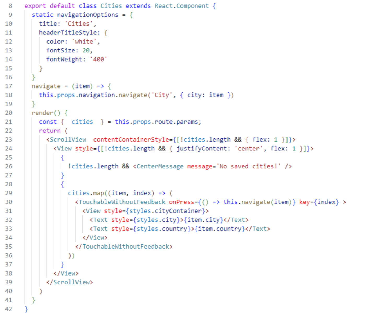 Solved export default class Cities extends React. Component | Chegg.com